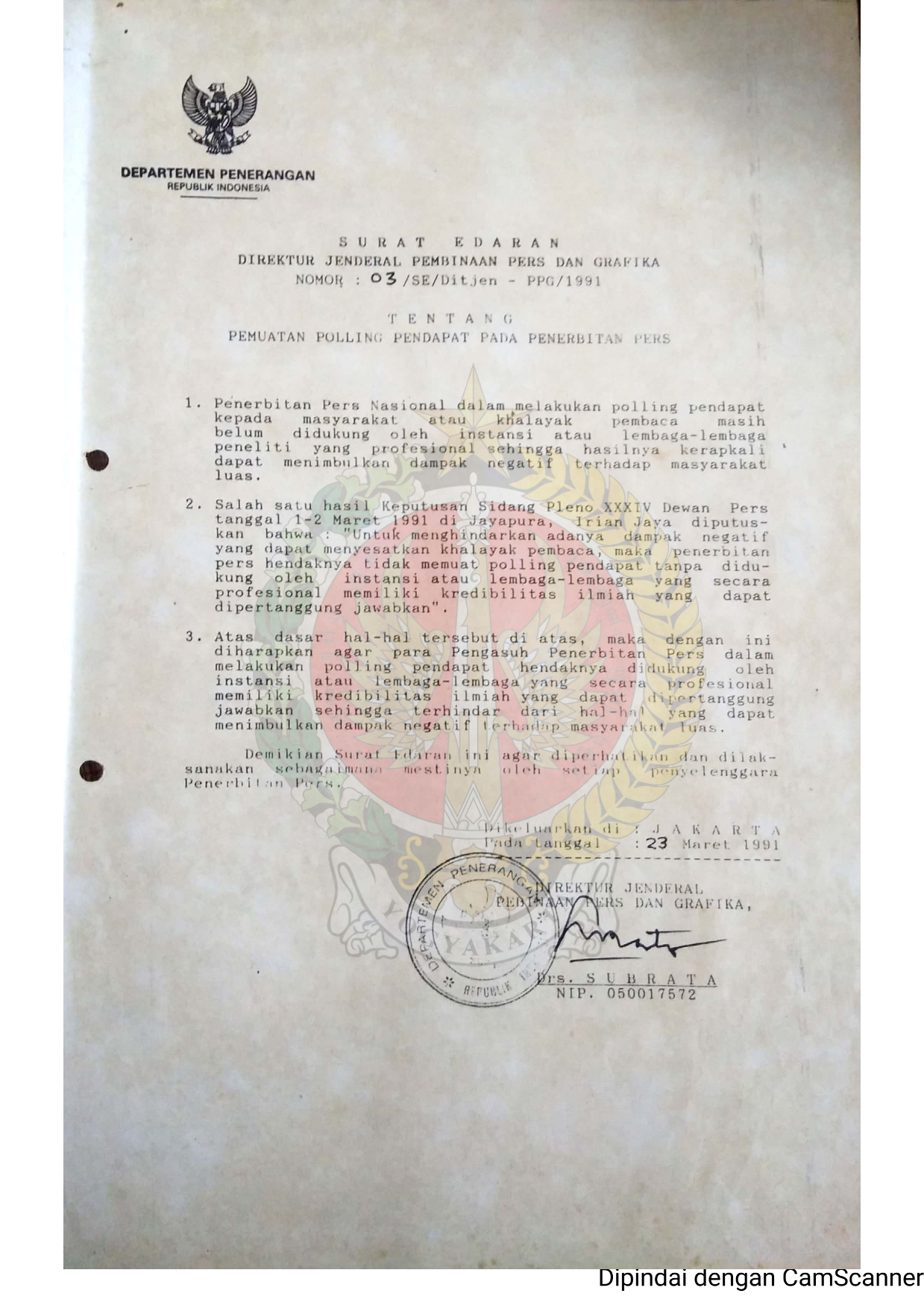 Surat Edaran Direktur Jenderal Pembinaan Pers dan Grafika Nomor : 03/SE ...