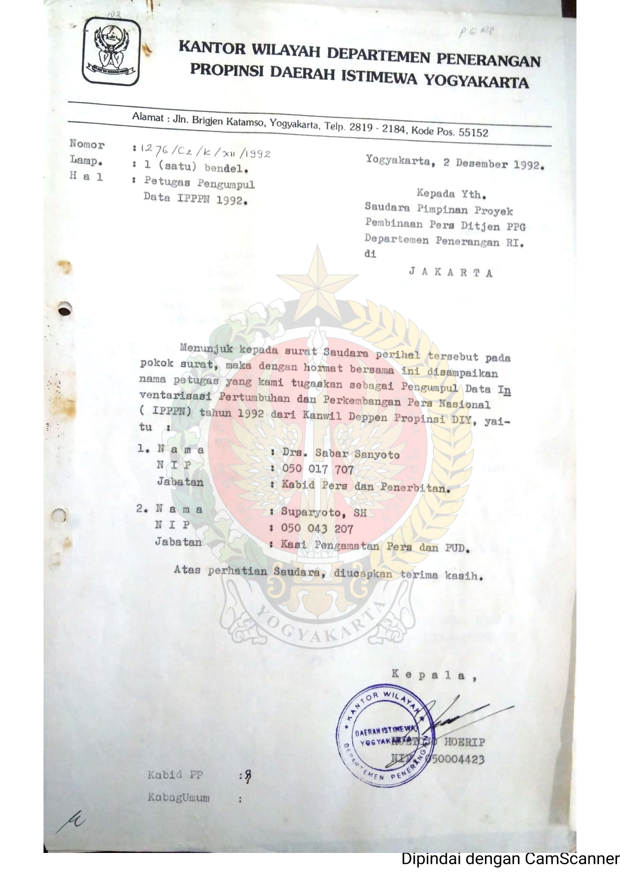 Surat dari Kepala Kantor Wilayah Departemen Penerangan Daerah Istimewa ...